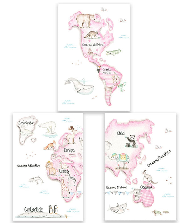 MAPA MUNDI ROSA Pack de cuadros infantil